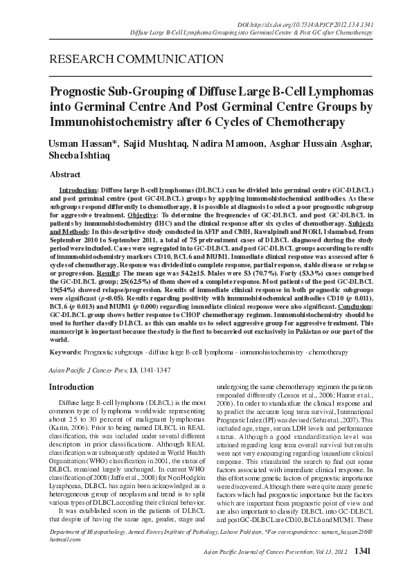(PDF) Prognostic Sub-Grouping of Diffuse Large B-Cell Lymphomas into ...