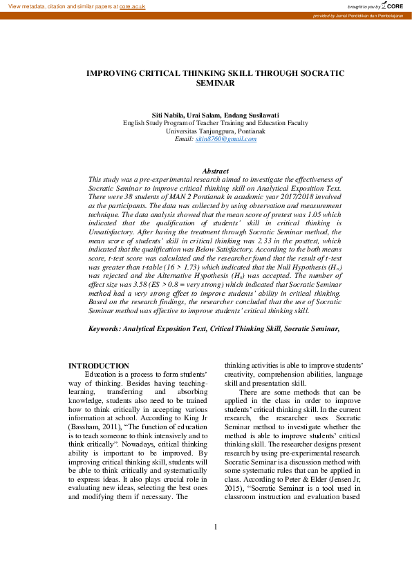 (PDF) Improving Critical Thinking Skill Through Socratic Seminar