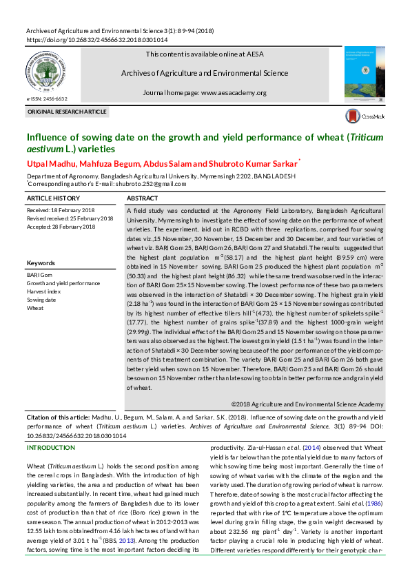 Pdf Influence Of Sowing Date On The Growth And Yield Performance Of