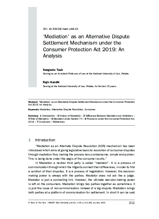 (PDF) 'Mediation' as an Alternative Dispute Settlement Mechanism under the Consumer Protection ...