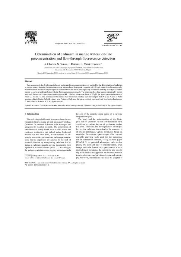 Pdf Determination Of Cadmium In Marine Waters On Line Preconcentration And Flow Through