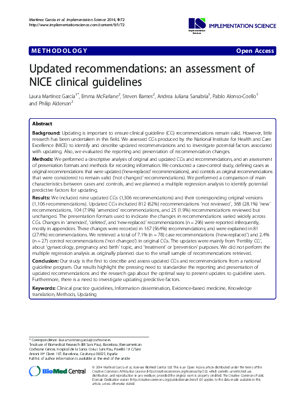 (PDF) Updated recommendations: an assessment of NICE clinical guidelines