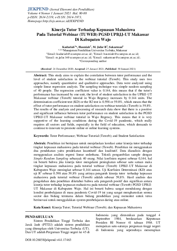 (PDF) Kinerja Tutor Terhadap Kepuasan Mahasiswa Pada Tutorial Webinar (TUWEB) PGSD UPBJJ-UT ...