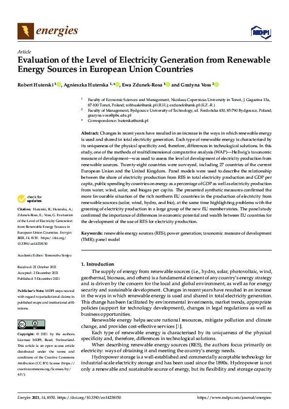 (PDF) Evaluation of the Level of Electricity Generation from Renewable ...