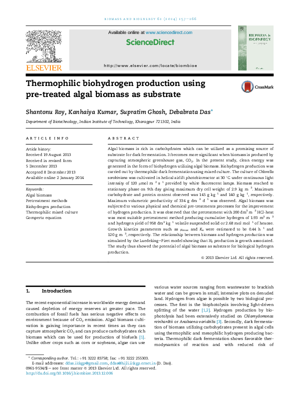 (PDF) Thermophilic biohydrogen production using pre-treated algal ...