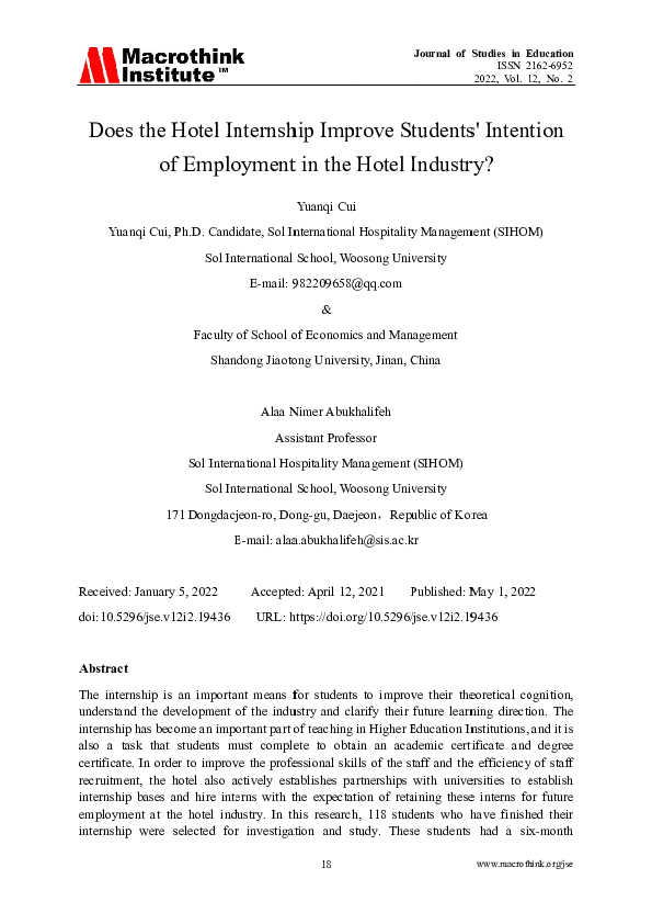 (PDF) Does the Hotel Internship Improve Students' Intention of ...