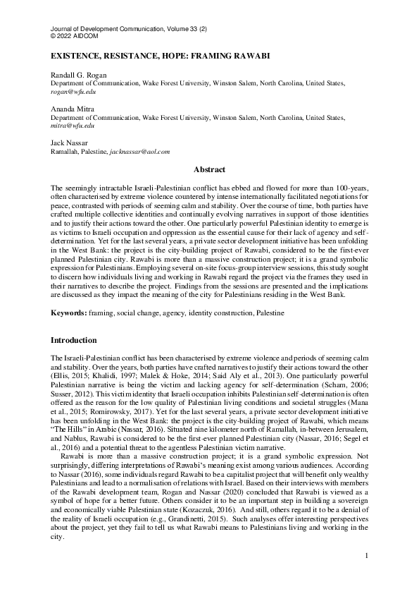 (PDF) Existence, Resistance, Hope: Framing Rawabi