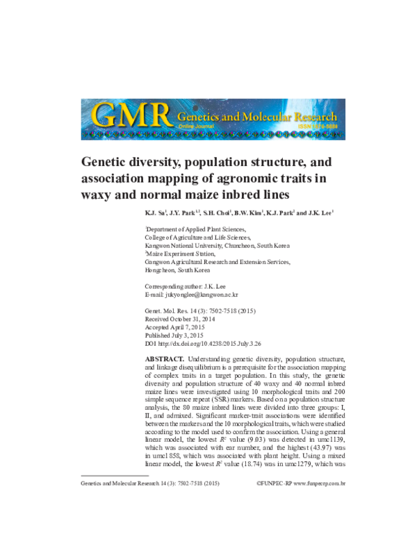 Pdf Genetic Diversity Population Structure And Association Mapping