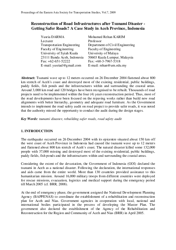 (PDF) Reconstruction of Road Infrastructures after Tsunami Disaster ...