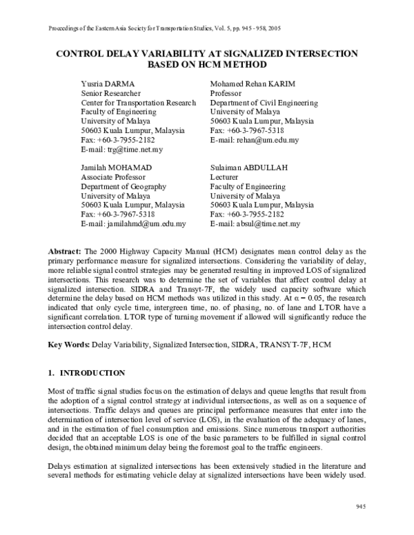 (PDF) Control delay variability at signalized intersection based on HCM method