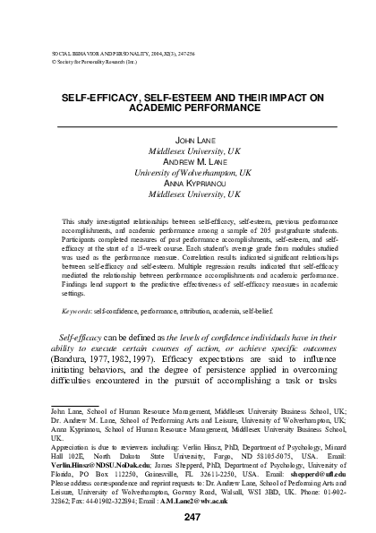 (PDF) Self-Efficacy, Self-Esteem and Their Impact on Academic Performance