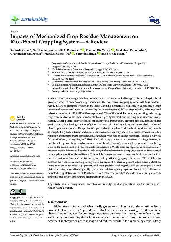 (PDF) Impacts of Mechanized Crop Residue Management on Rice-Wheat Cropping System—A Review