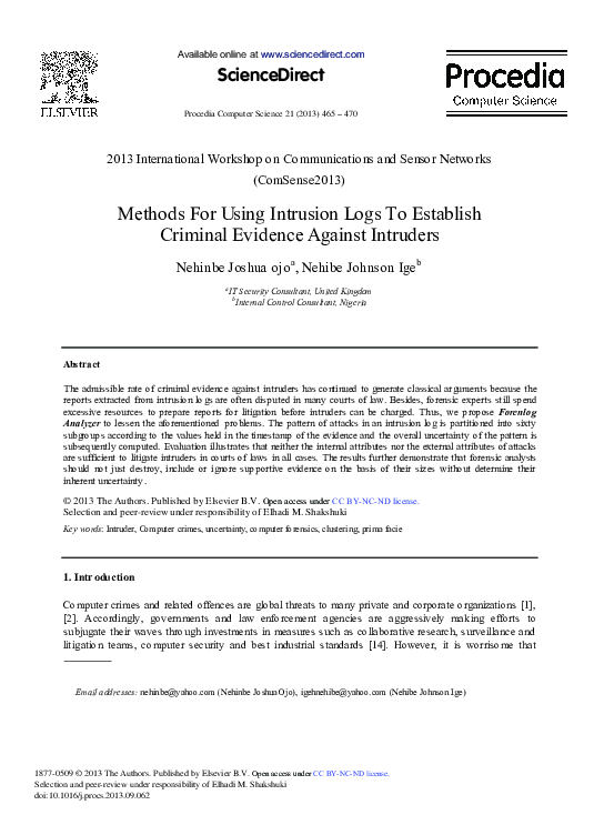 (PDF) Methods for Using Intrusion Logs to Establish Criminal Evidence ...