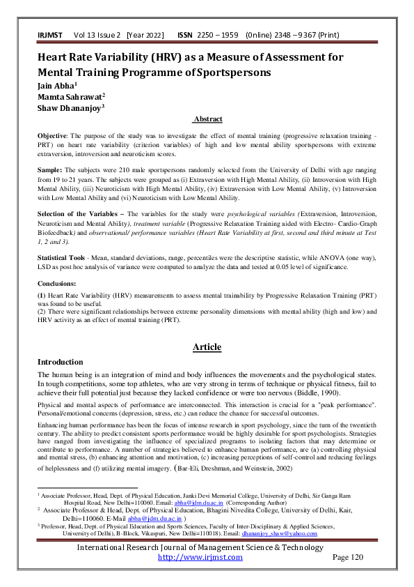 Pdf Heart Rate Variability Hrv As A Measure Of Assessment For Mental Training Programme Of
