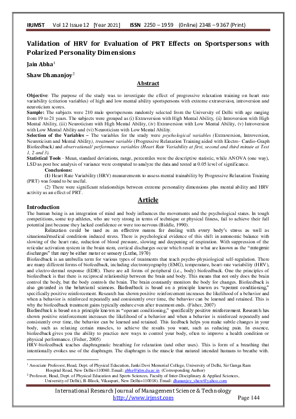 (PDF) Validation of HRV for Evaluation of PRT Effects on Sportspersons ...