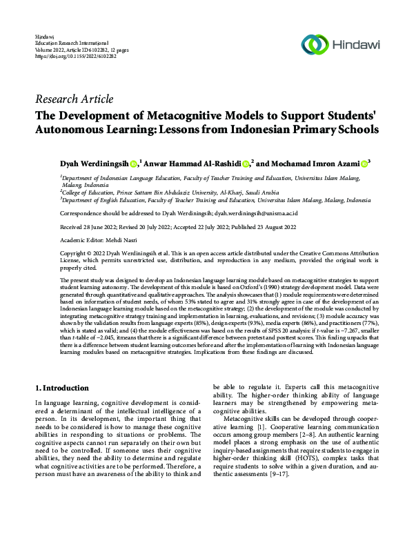 (PDF) The Development of Metacognitive Models to Support Students' Autonomous Learning: Lessons ...