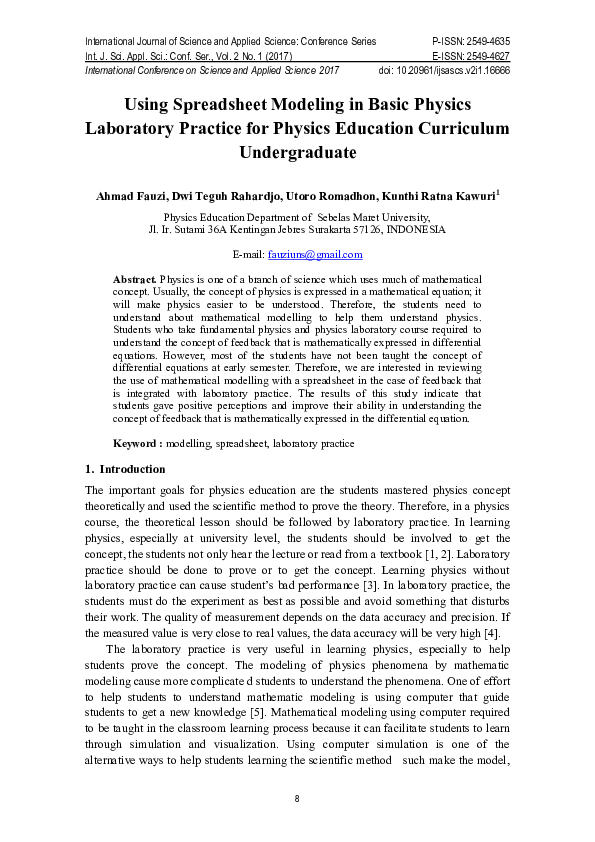 (PDF) Using Spreadsheet Modeling in Basic Physics Laboratory Practice ...