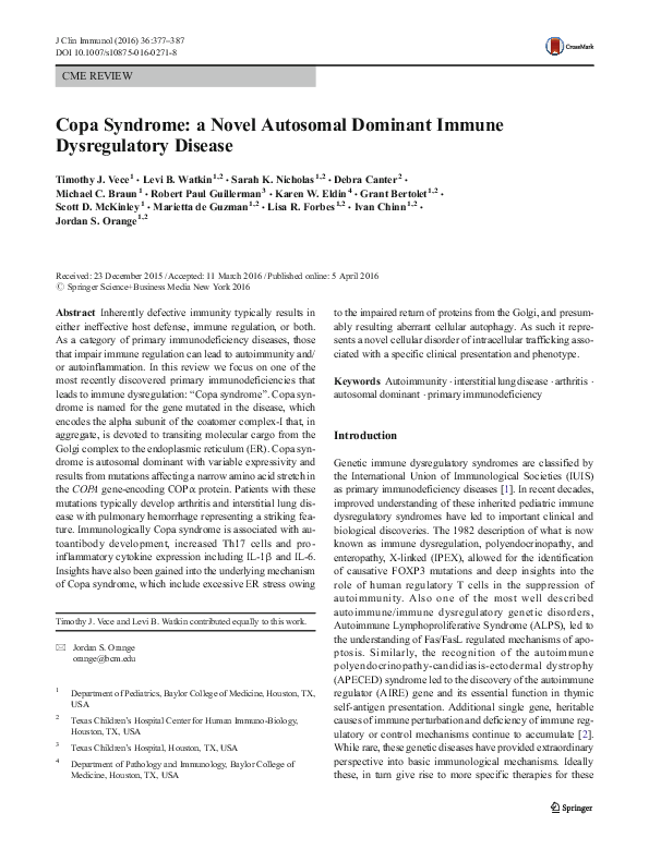 (PDF) Copa Syndrome: a Novel Autosomal Dominant Immune Dysregulatory ...