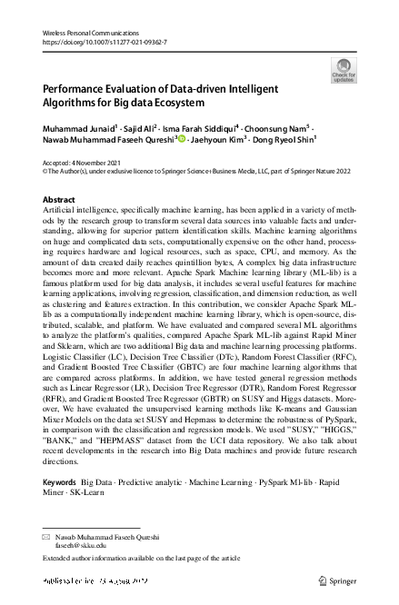 Pdf Performance Evaluation Of Data Driven Intelligent Algorithms For Big Data Ecosystem