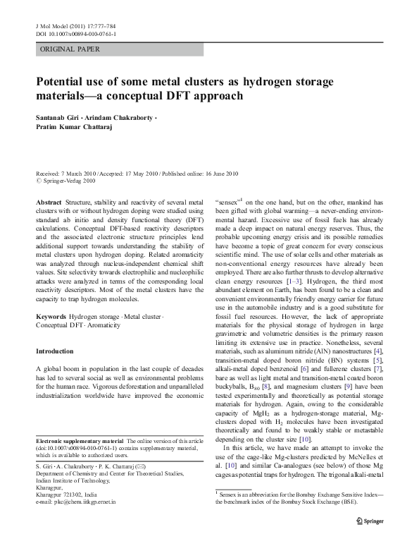 (PDF) Potential use of some metal clusters as hydrogen storage ...