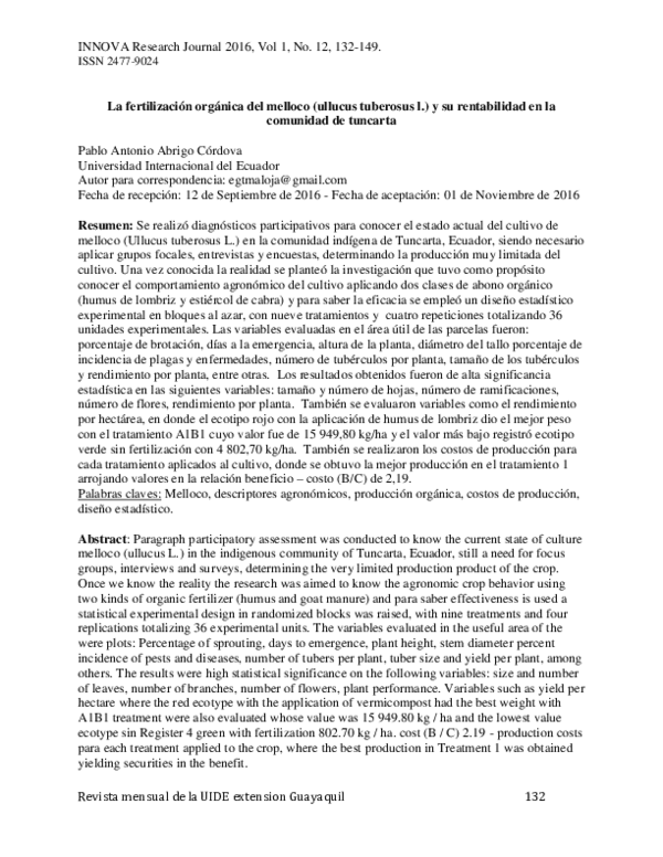 (PDF) La fertilización orgánica del melloco (ullucus tuberosus l.) y su ...