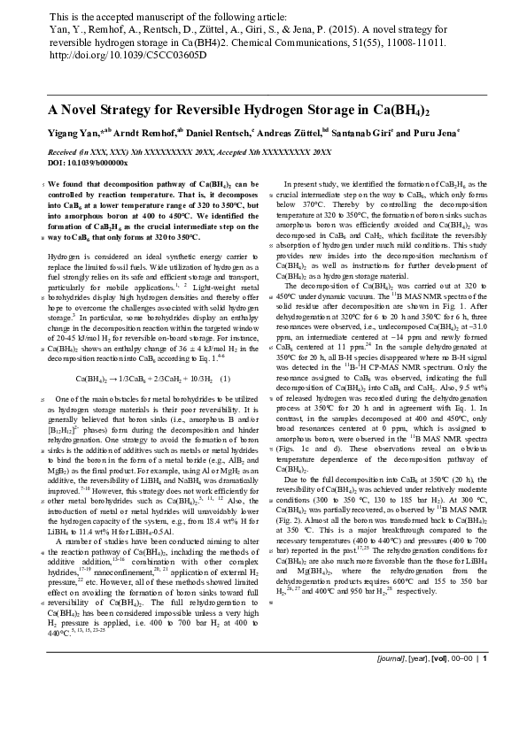 (PDF) A novel strategy for reversible hydrogen storage in Ca(BH4)2
