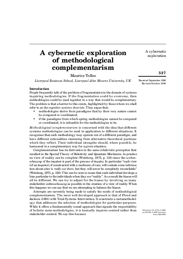 (PDF) A Cybernetic Exploration of Merthodological Complementarism