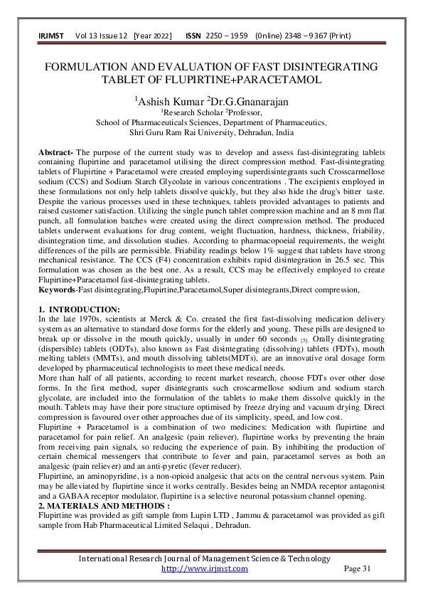 Pdf Formulation And Evaluation Of Fast Disintegrating Tablet Of Flupirtine Paracetamol 1