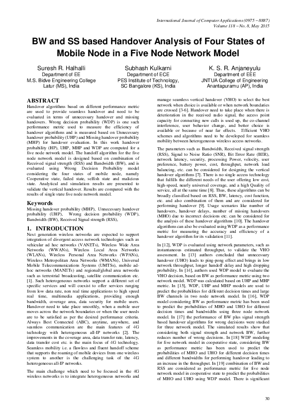 Pdf Bw And Ss Based Handover Analysis Of Four States Of Mobile Node In A Five Node Network Model