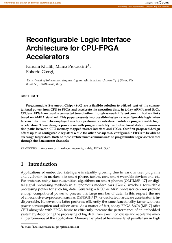 (PDF) Reconfigurable Logic Interface Architecture for CPU-FPGA Accelerators