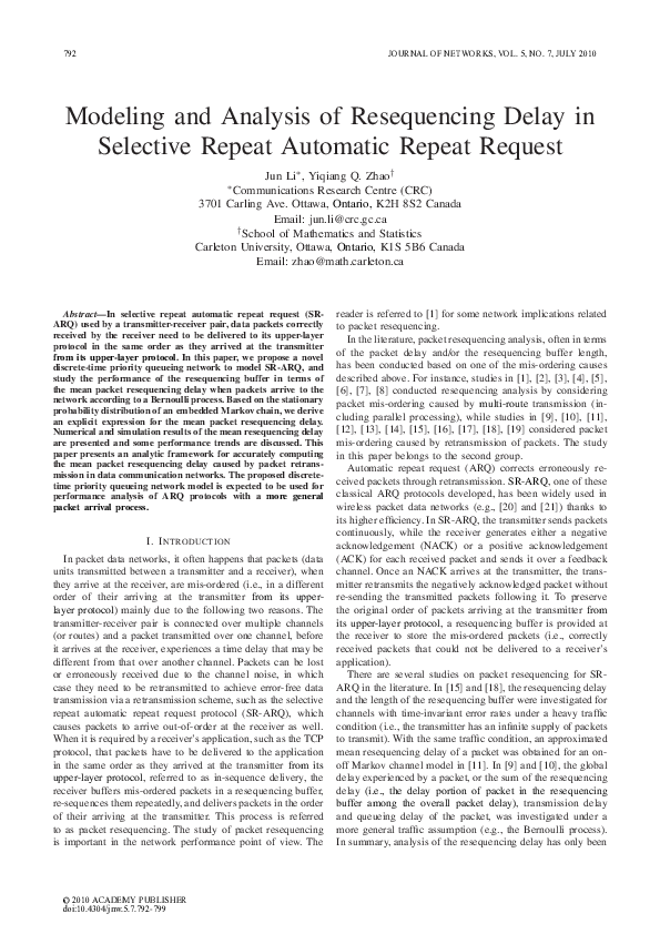 (PDF) Modeling and Analysis of Resequencing Delay in Selective Repeat ...