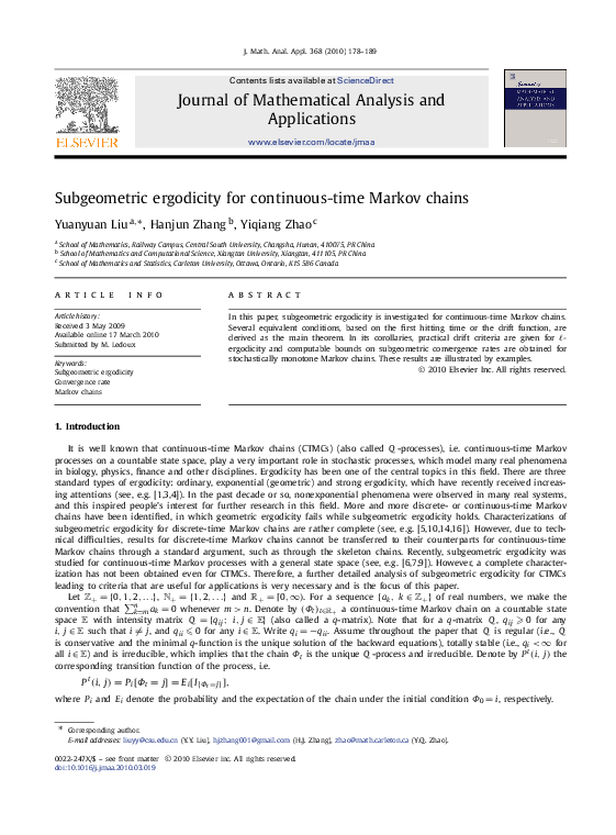 (PDF) Subgeometric ergodicity for continuous-time Markov chains