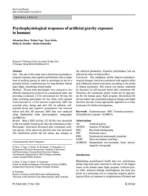 (PDF) Psychophysiological responses of artificial gravity exposure to ...