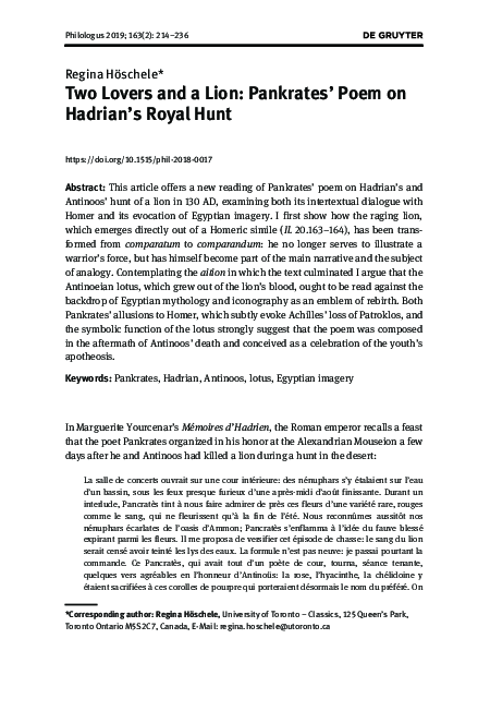 (PDF) Two Lovers and a Lion: Pankrates' Poem on Hadrian's Royal Hunt