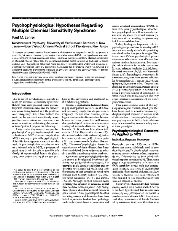 (PDF) Exploring Psychological Factors in Multiple Chemical Sensitivity