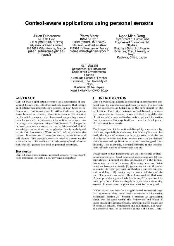 (PDF) Context-aware applications using personal sensors