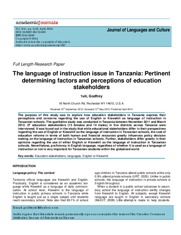 (PDF) The language of instruction issue in Tanzania: Pertinent ...
