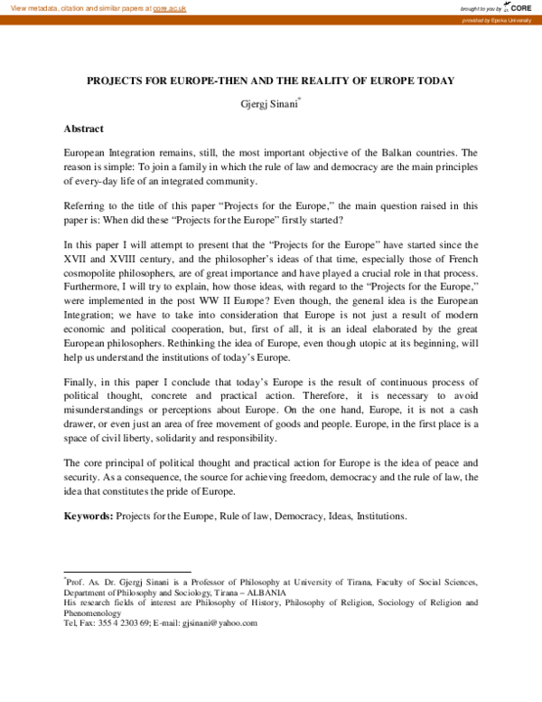 (PDF) Projects for Europe-Then and the Reality of Europe Today