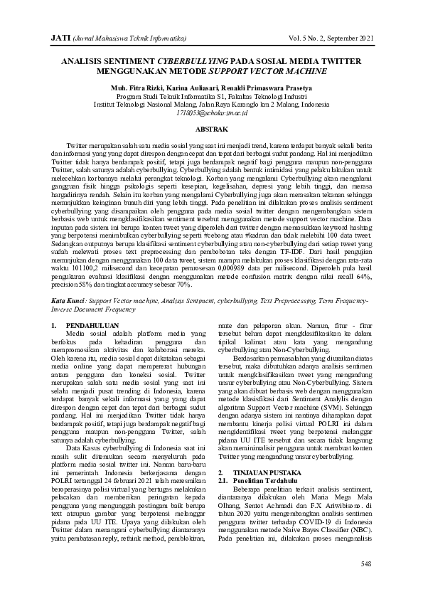 Pdf Analisis Sentiment Cyberbullying Pada Sosial Media Twitter Menggunakan Metode Support