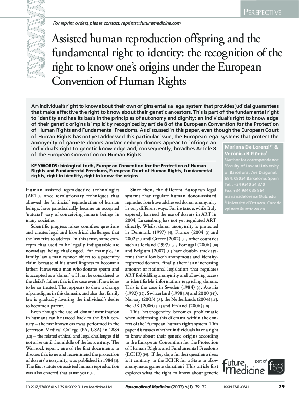 (PDF) Assisted human reproduction offspring and the fundamental right ...