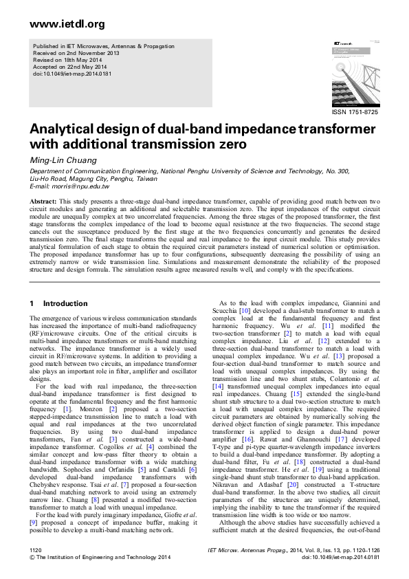 (PDF) Analytical design of dual‐band impedance transformer with ...