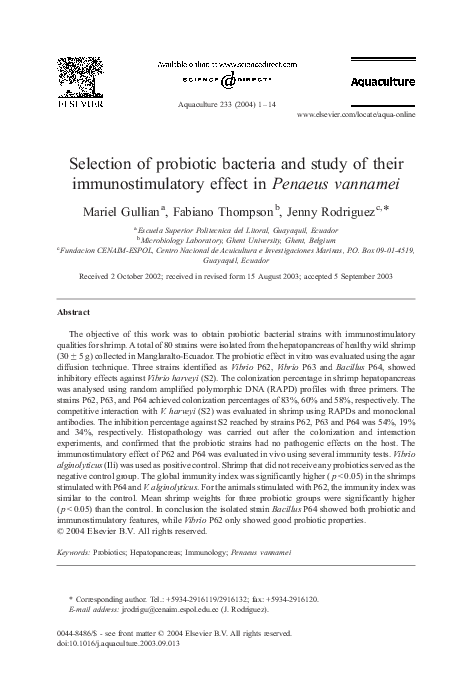 (PDF) Selection of probiotic bacteria and study of their immunostimulatory effect in Penaeus ...