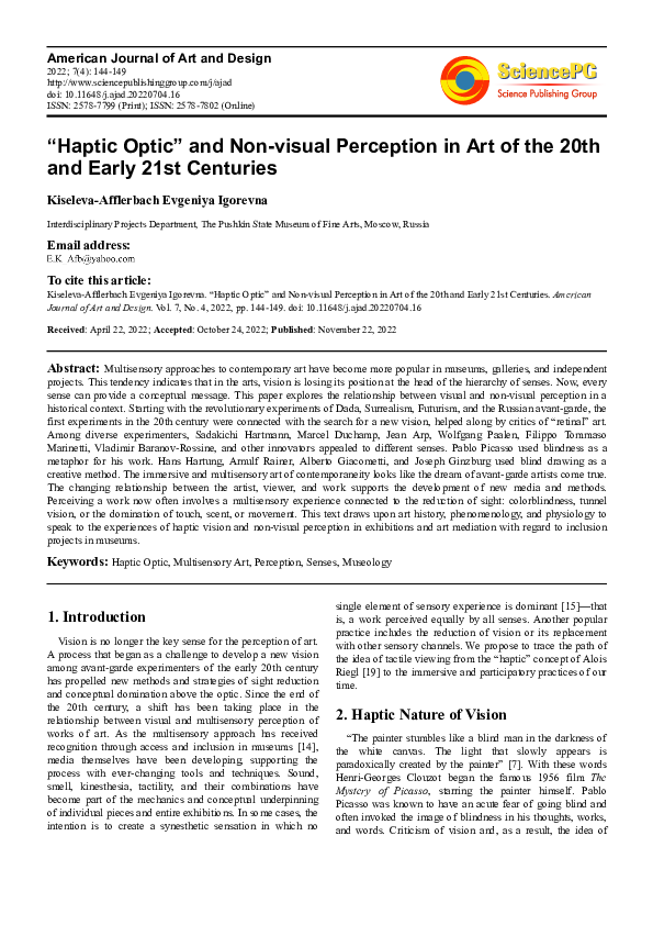 (PDF) "Haptic Optic" and Non-visual Perception in Art of the 20th and ...