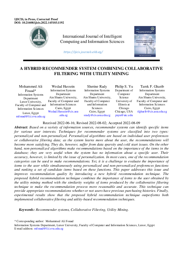 Pdf A Hybrid Recommender System Combining Collaborative Filtering With Utility Mining
