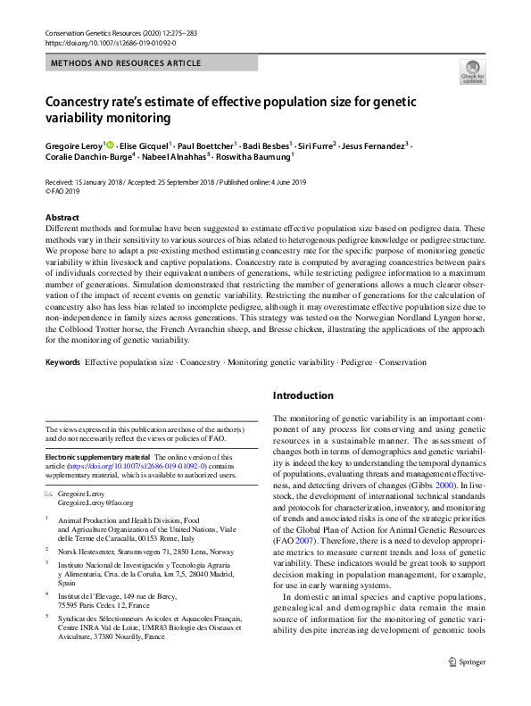 (PDF) Coancestry rate’s estimate of effective population size for genetic variability monitoring