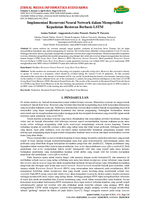 (PDF) Implementasi Recurrent Neural Network dalam Memprediksi Kepadatan Restoran Berbasis LSTM
