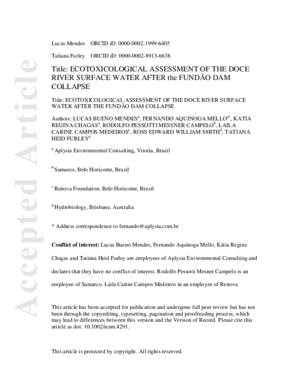 (PDF) Ecotoxicological Assessment of the Doce River Surface Water After ...