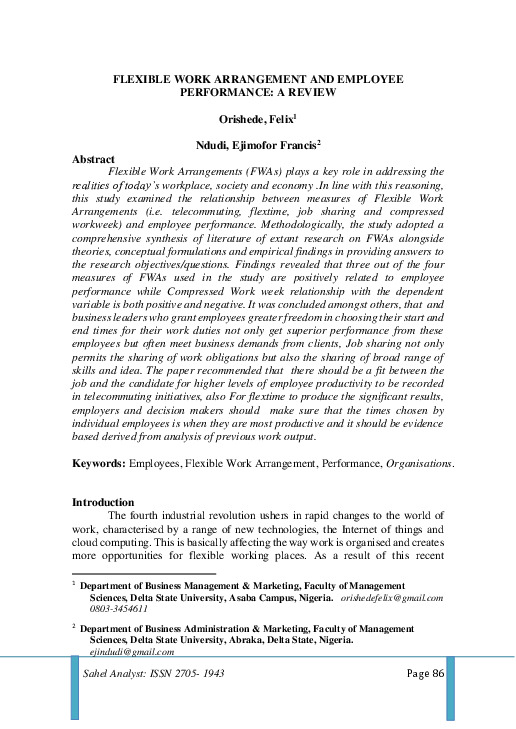 (PDF) FLEXIBLE WORK ARRANGEMENT AND EMPLOYEE PERFORMANCE: A REVIEW