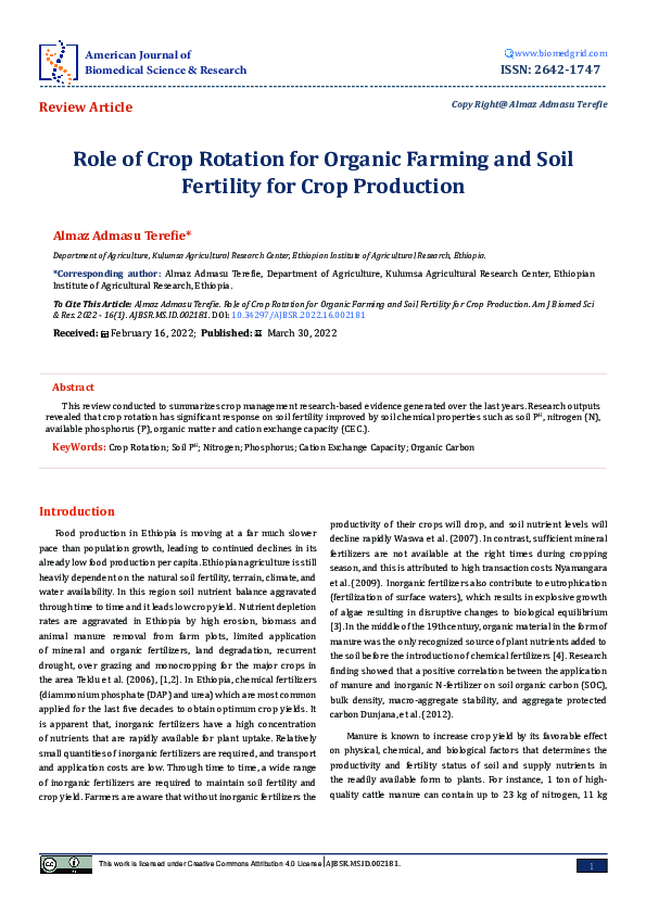 (PDF) Biomedgrid LLC_Role of Crop Rotation for Organic Farming and Soil ...