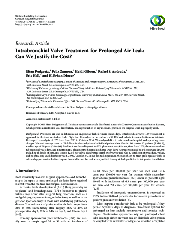 (PDF) Intrabronchial Valve Treatment for Prolonged Air Leak: Can We ...